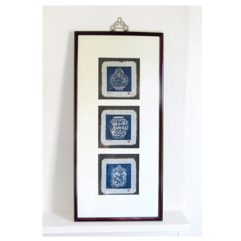 Chinoiserie Style Woodblock Print of Blue and White Chinese Pots on ...